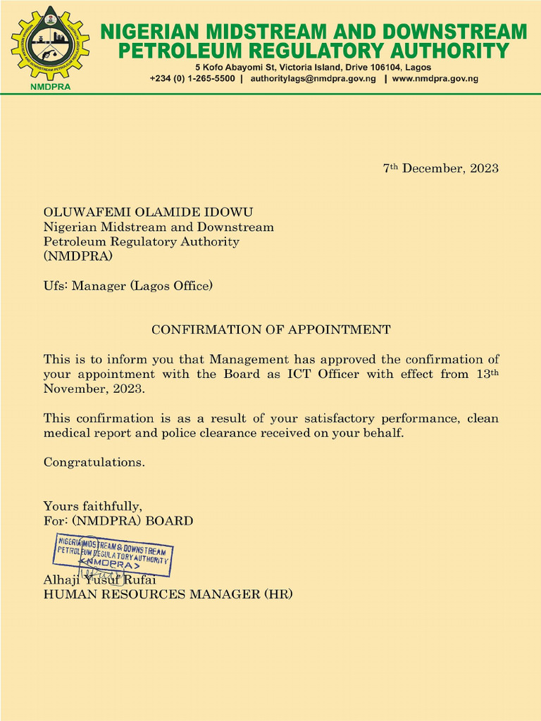 Oluwafemi Olamide Confirmation Letter | PDF