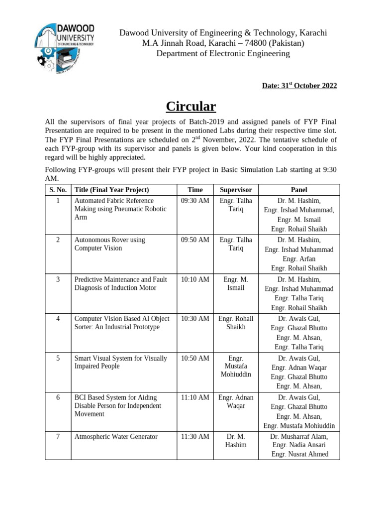FYP Presentation Schedule - Dawood University | PDF