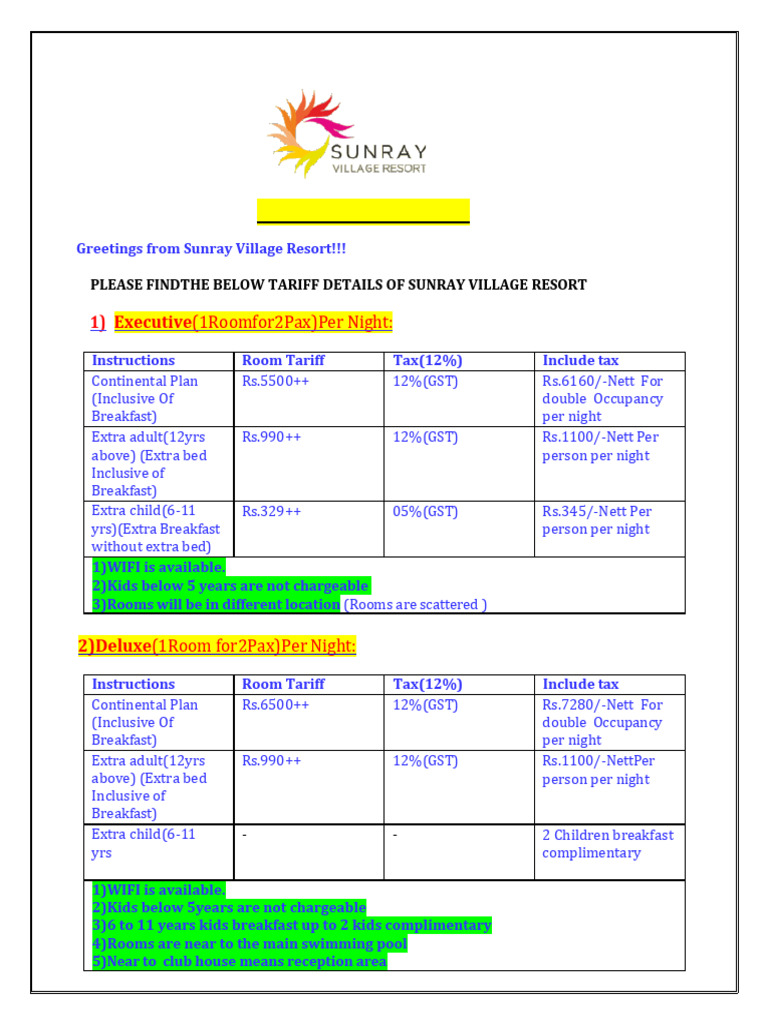 Room Tariff Details (Sunray Village Resort) VZM | PDF | Identity Document