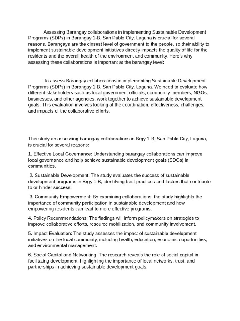 Barangay 1-B Sustainable Development Assessment | PDF | Sustainability ...