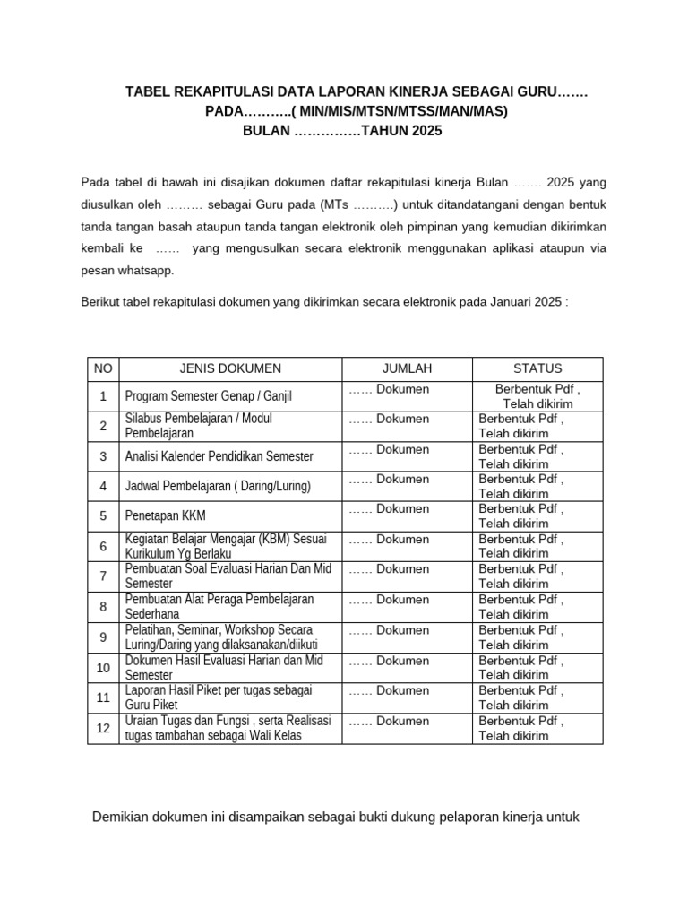 Rekapitulasi Data Laporan Kinerja Guru | PDF