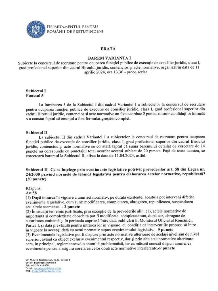 Erata-Barem-corectare-Biroul-juridic-contencios-si-acte-normative | PDF