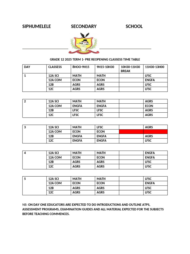 Siphumelele Sec Time Table-1 - 011309 | PDF