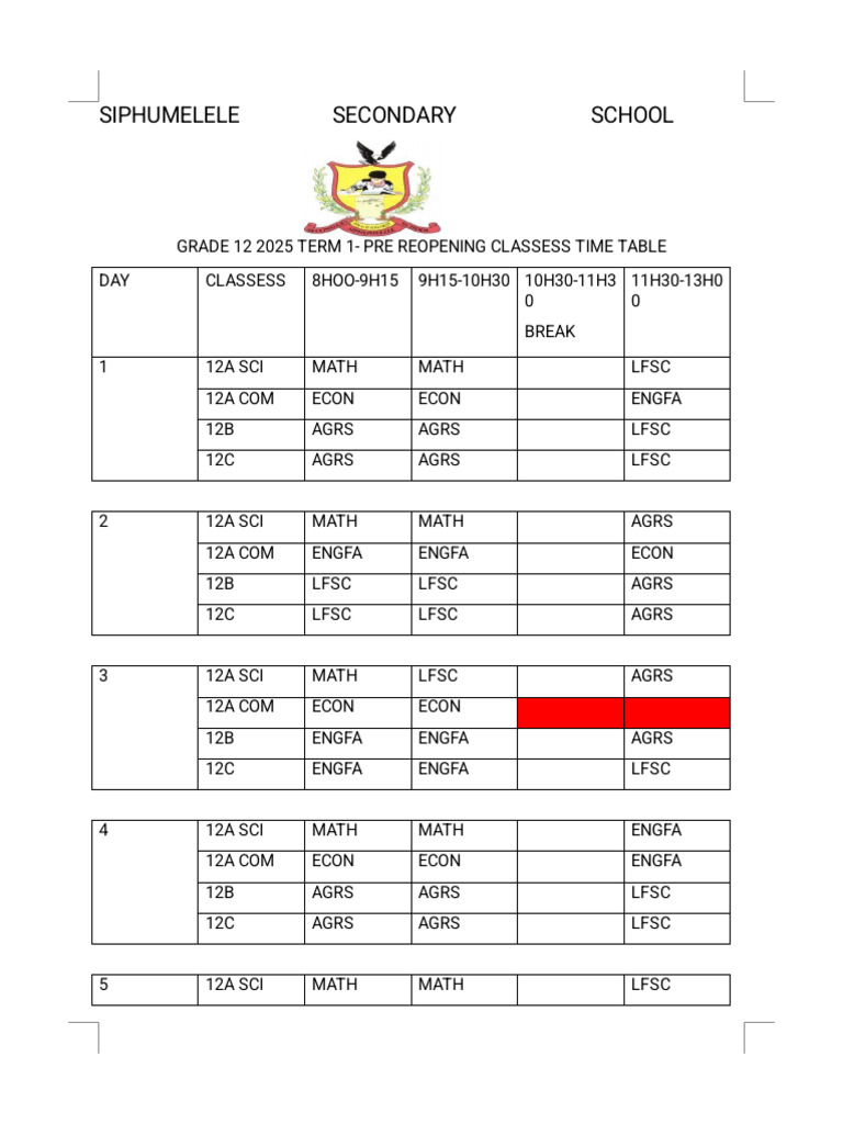 Grade 12 2025 Term 1 Class Timetable | PDF