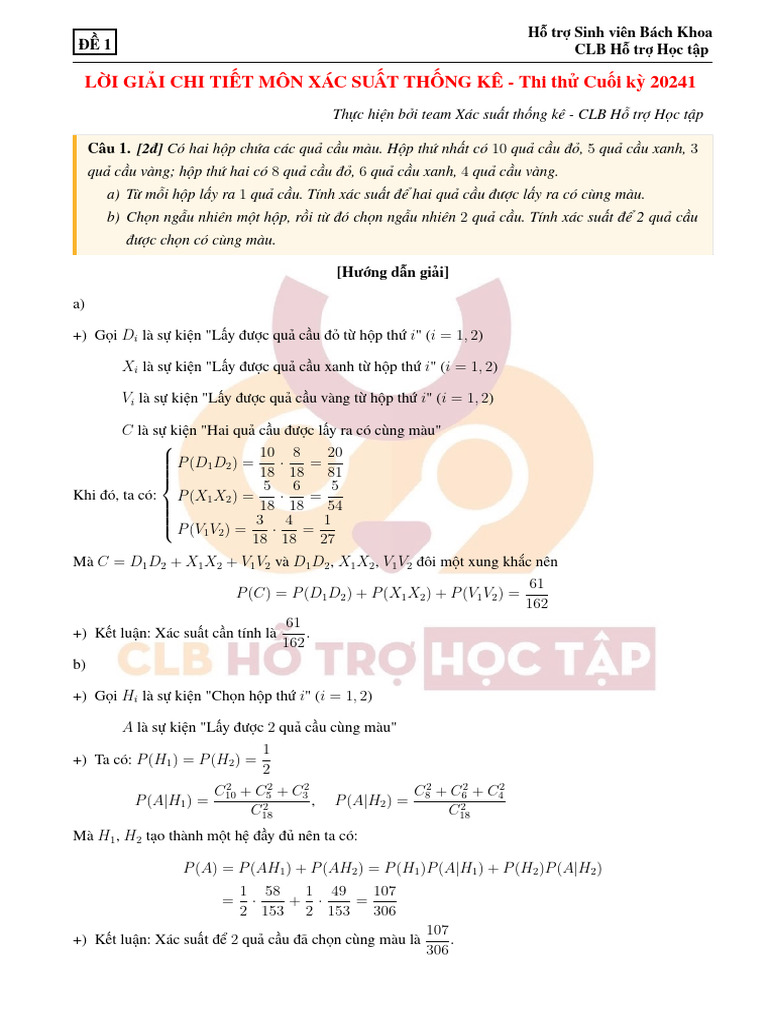 Đáp Án Đề Thi Thử Cuối Kì XSTK 2024.1 | PDF