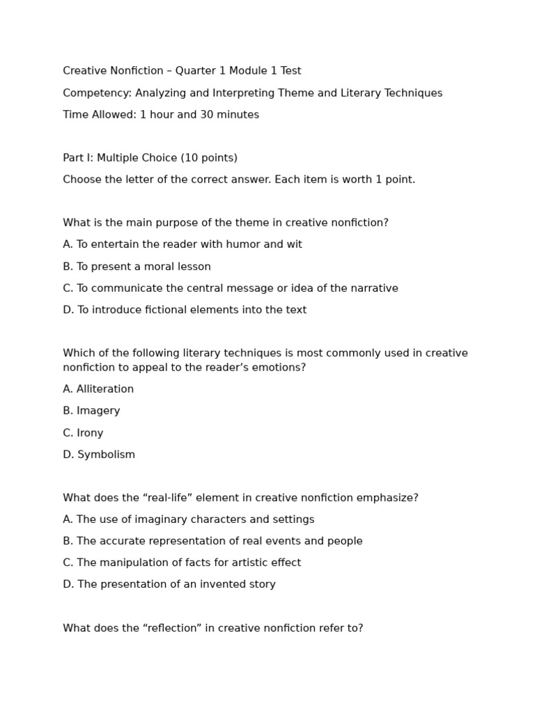 Creative Nonfiction Test: Themes & Techniques | PDF | Narrative ...