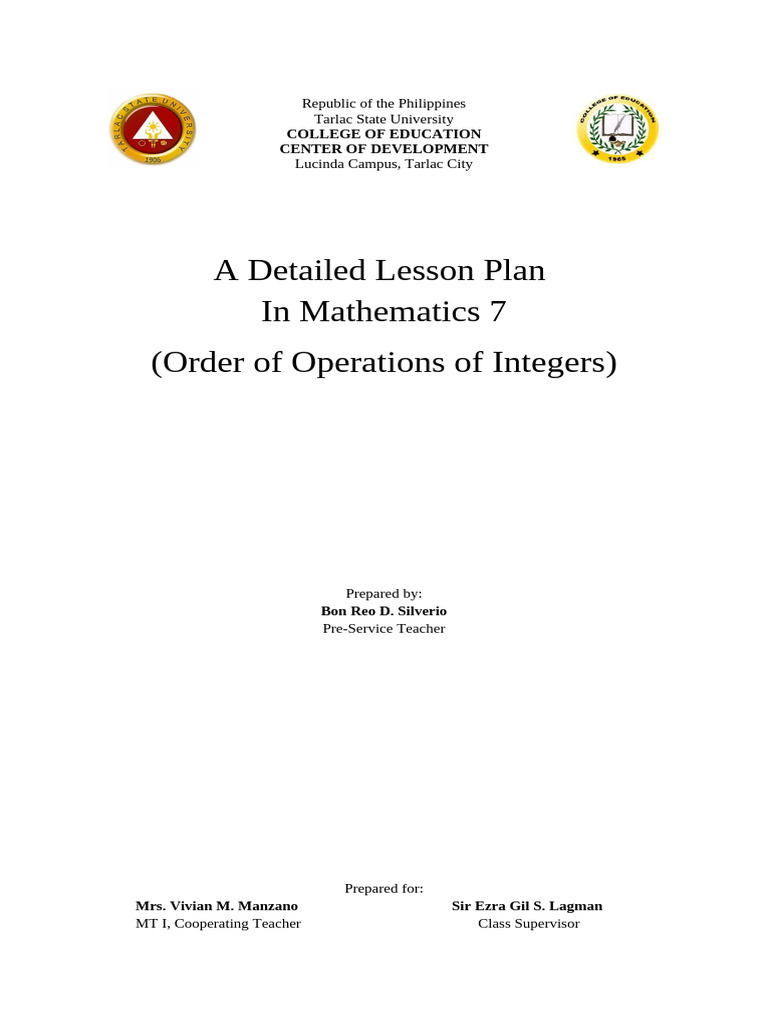 Math 7 Lesson Plan: Order of Operations | PDF | Subtraction ...