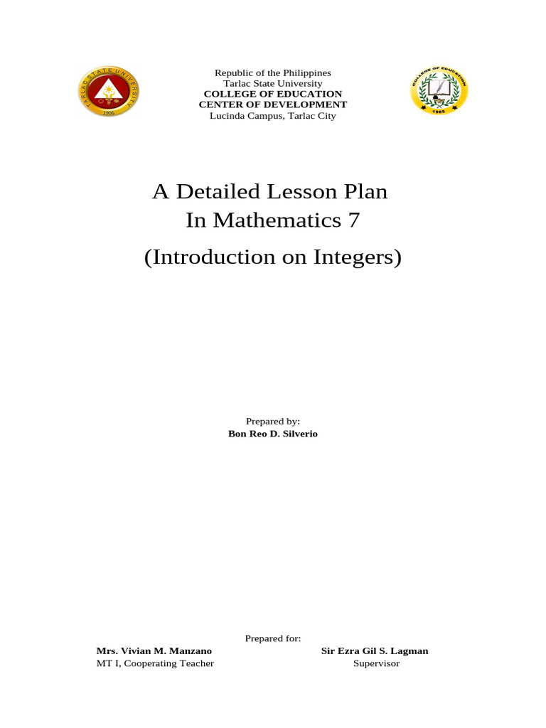 Detailed Lesson Plan on Integers | PDF | Numbers | Integer
