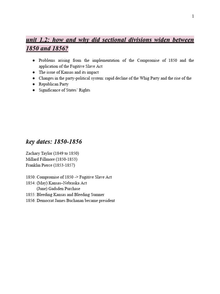 Sectional Divisions: 1850-1856 Overview | PDF | Whig Party (United ...