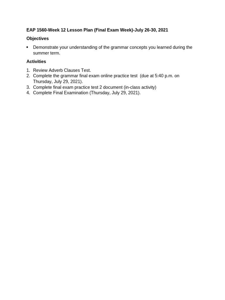 Week 12 Lesson Plan - July 26-30, 2021 | PDF