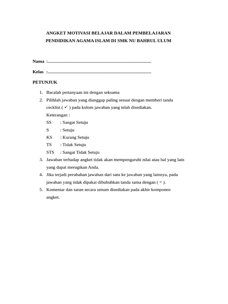 ANGKET MOTIVASI BELAJAR | PDF