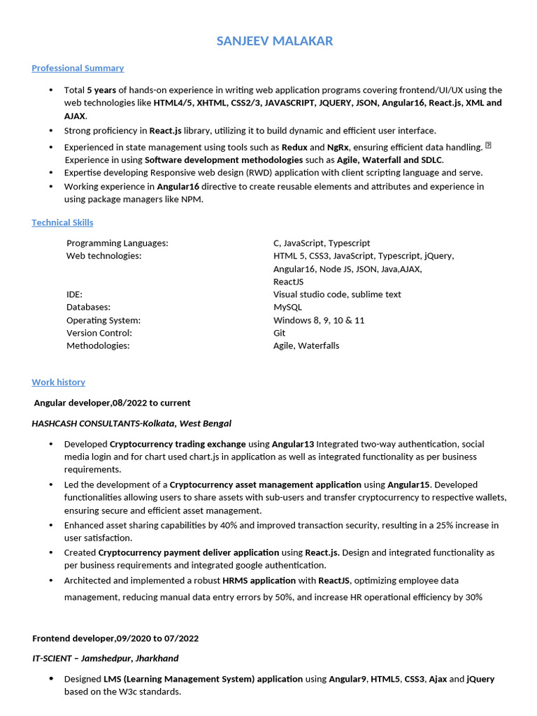 Sanjeev - Malakar Angular Profile | PDF | Ajax (Programming) | Java Script