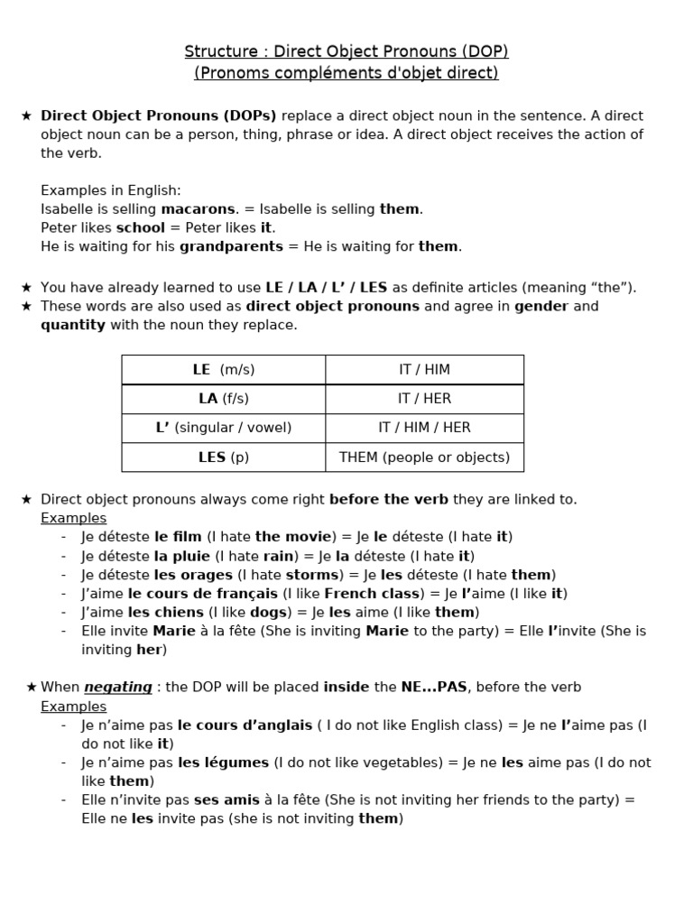 French Direct Object Pronouns | PDF | Noun | Verb