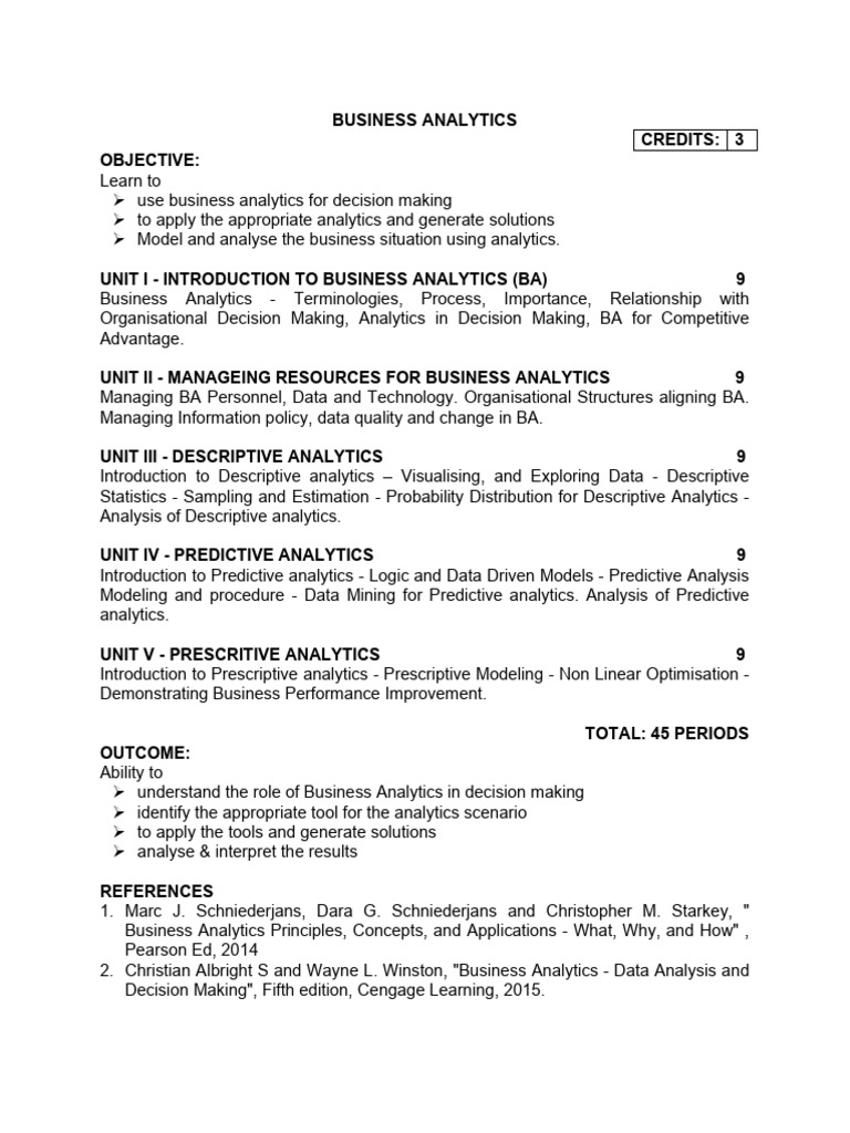 MBA Business Analytics Syllabus | PDF