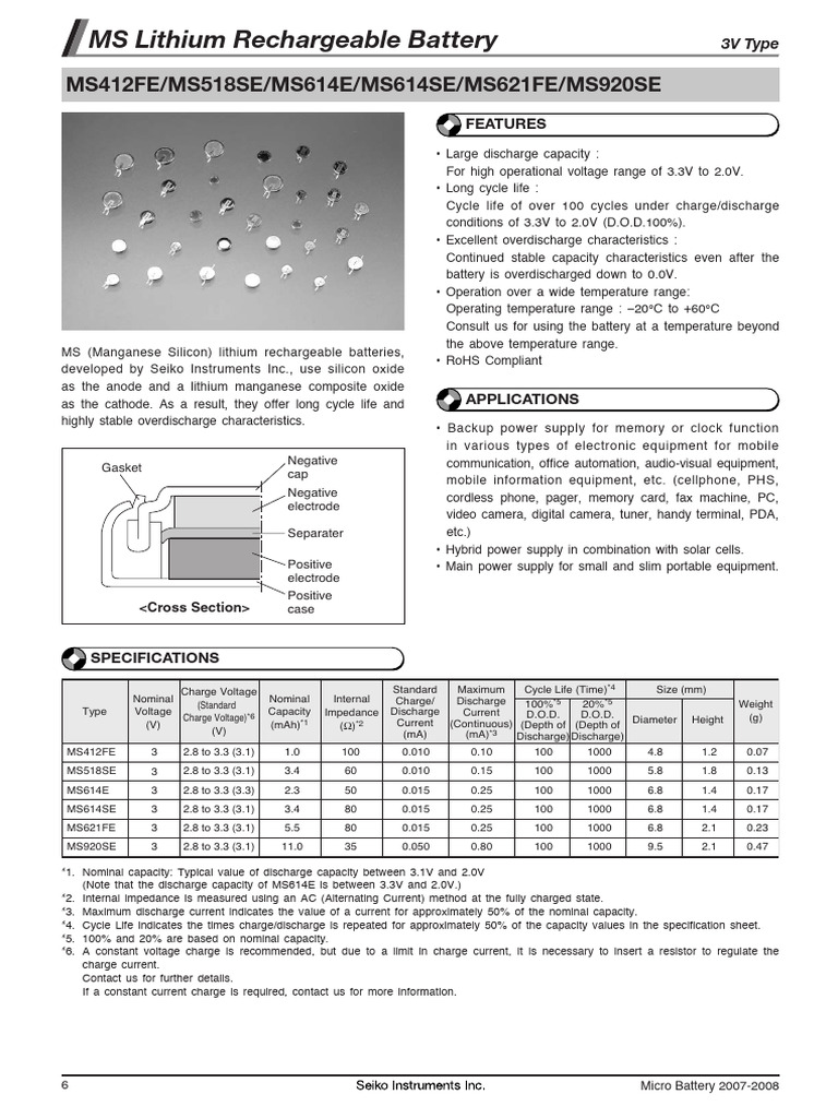 Seiko MS621FE FL11E Datasheet | PDF | Rechargeable Battery | Electrode