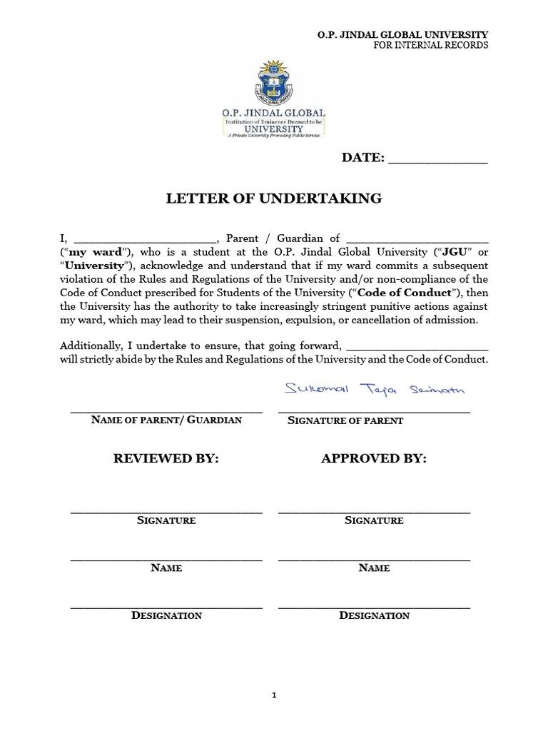 Template - Letter of Undertaking (For Parents) | PDF