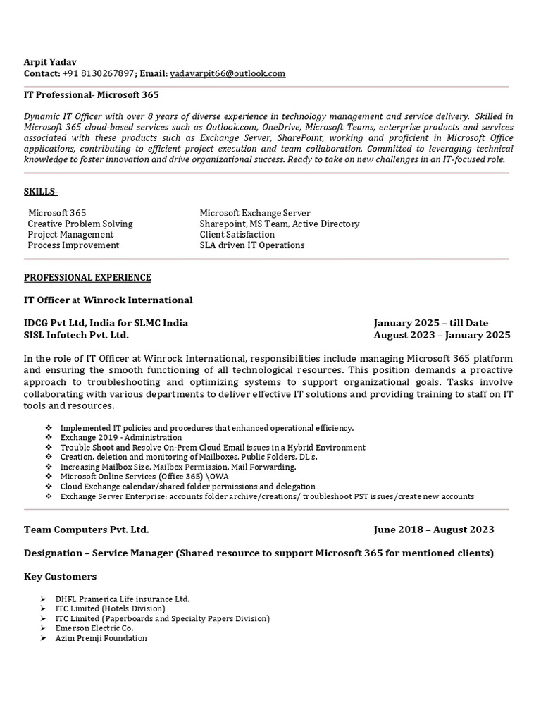 Resume Arpit Yadav(M) | PDF | Service Level Agreement | Share Point