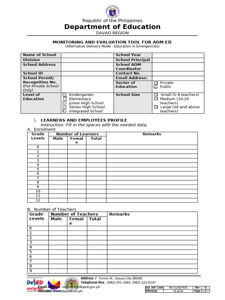 Monitoring and Evaluation Tool For Schools On ADM EiE | PDF