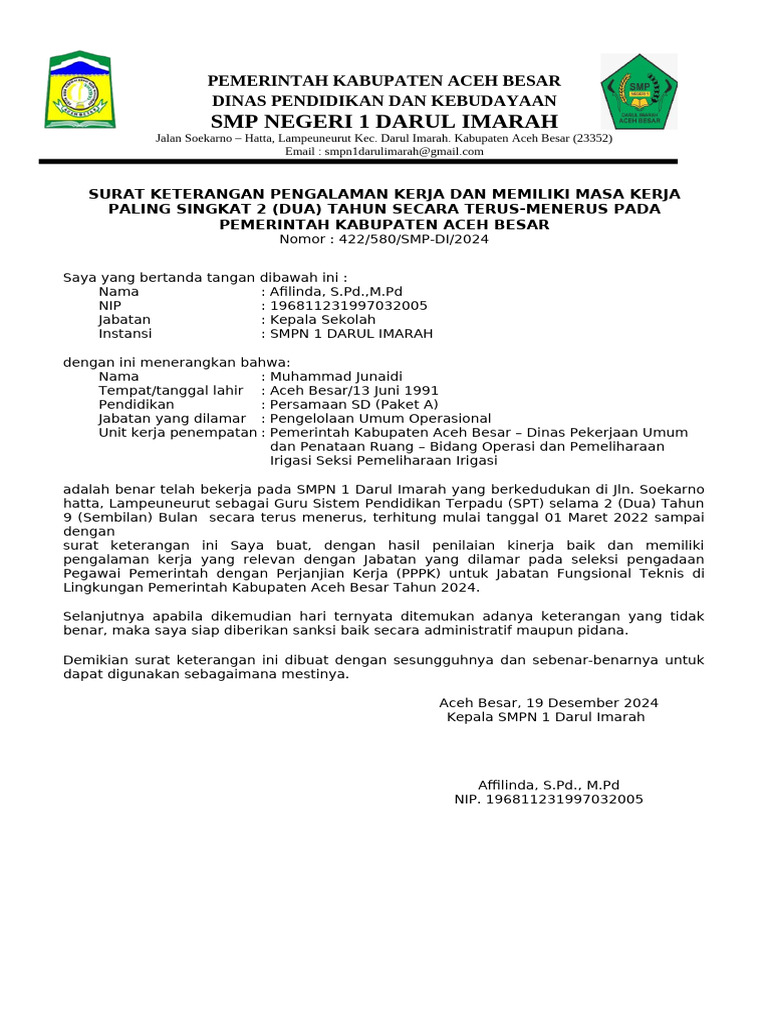 Surat Aktif Mengajar Muhammad Junaidi | PDF