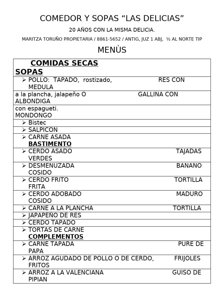 Menu Comedor y Sopas Las Delicias | PDF