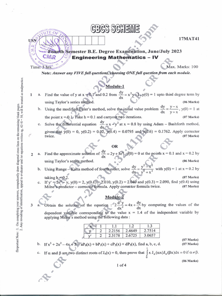 VTU Question Paper of 17MAT41 Engineering Mathematics - IV June-July-2023 | PDF
