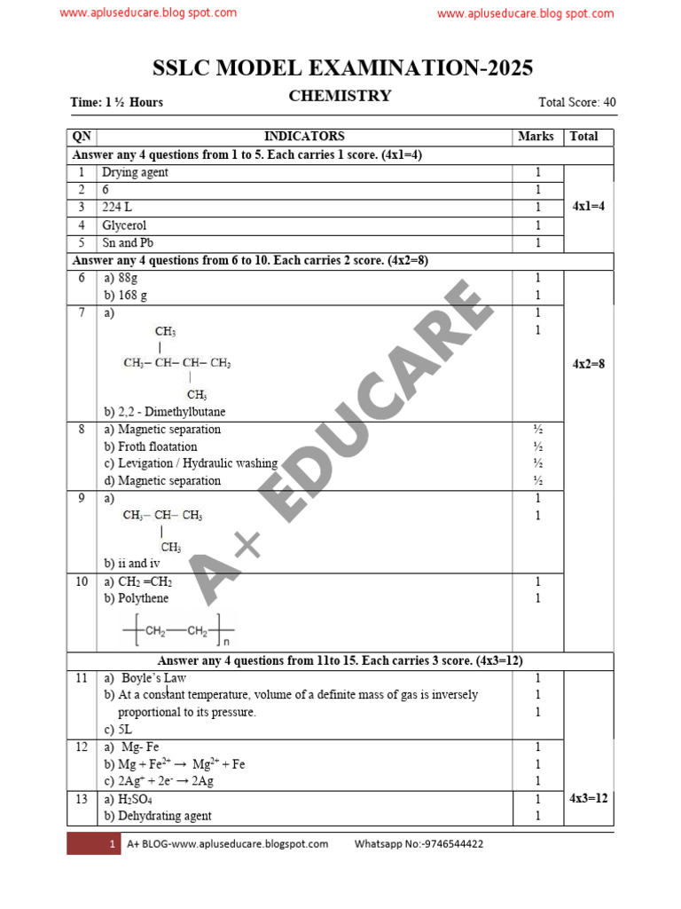 A+ Blog-Sslc-Model Exam 2025-Chemistry-Ans Key (Em) | PDF | Chemistry ...