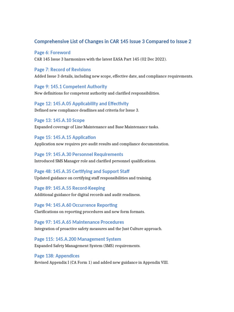 CAR 145 Issue 3 Changes Overview | PDF