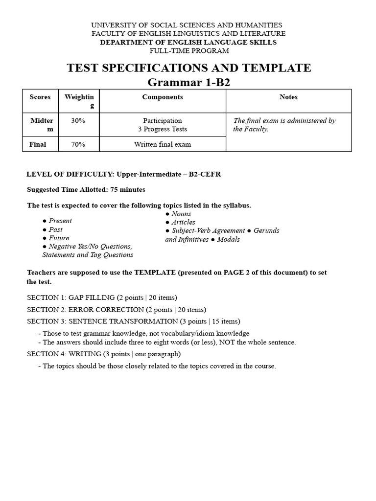 B2 Grammar Test Specifications Template | PDF | English Language | Verb