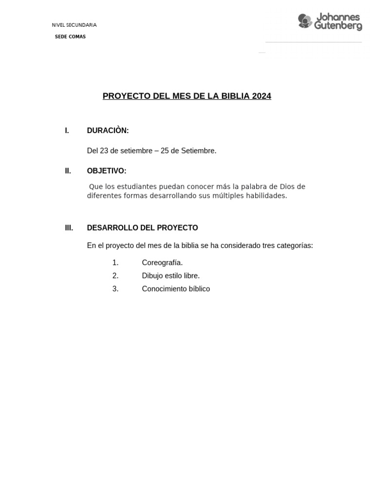 Proyecto Mes de la Biblia 2024 Comas | PDF