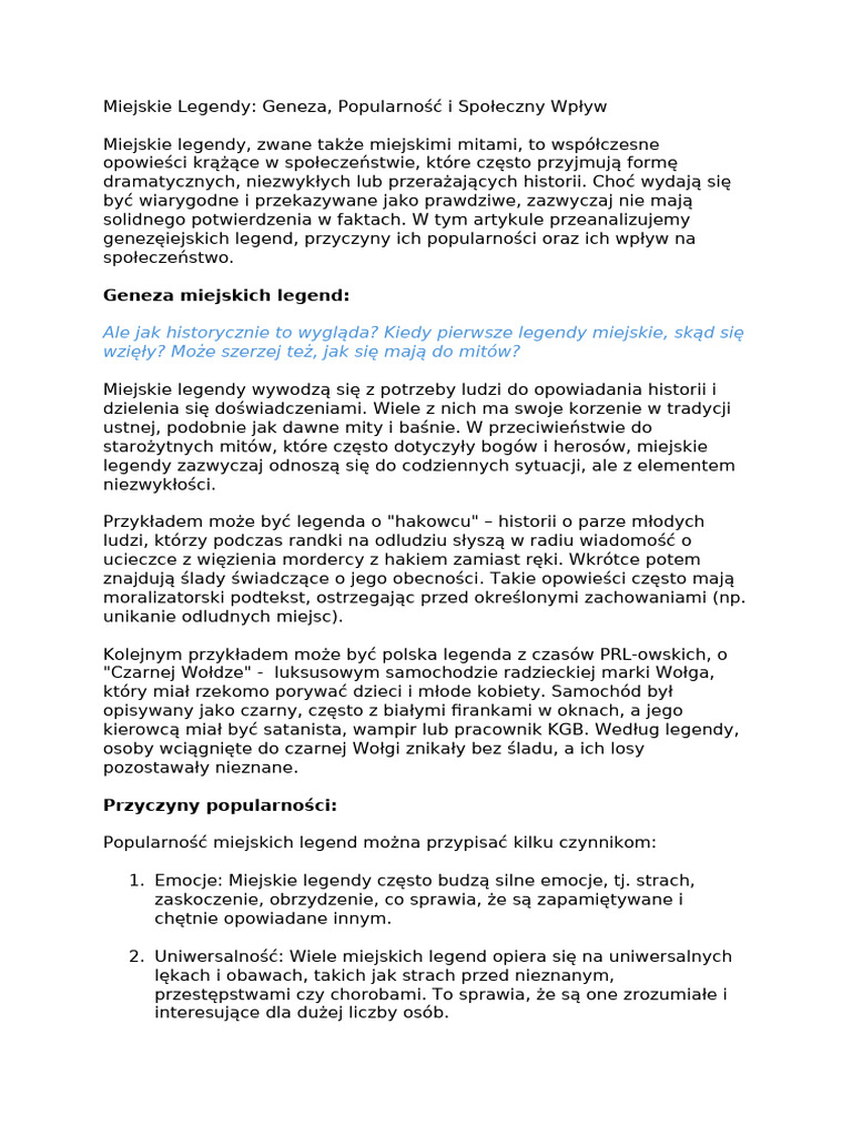 Miejskie Legendy - Wypracowanie | PDF