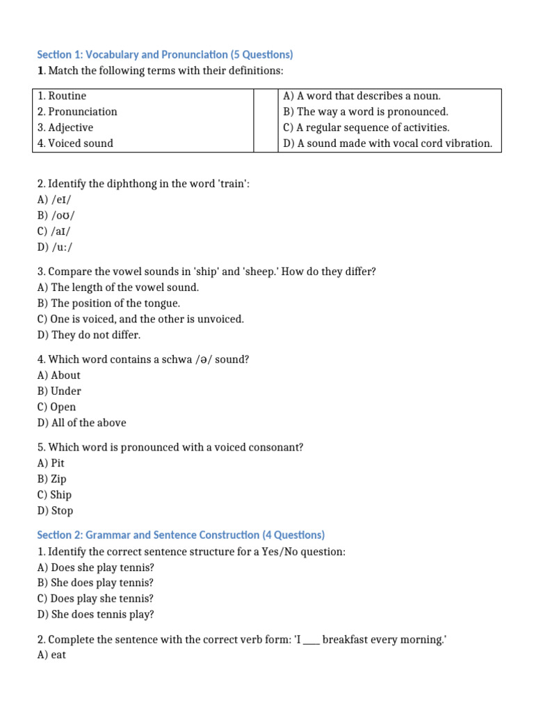 English Skills Assessment | PDF | Vowel | Linguistics