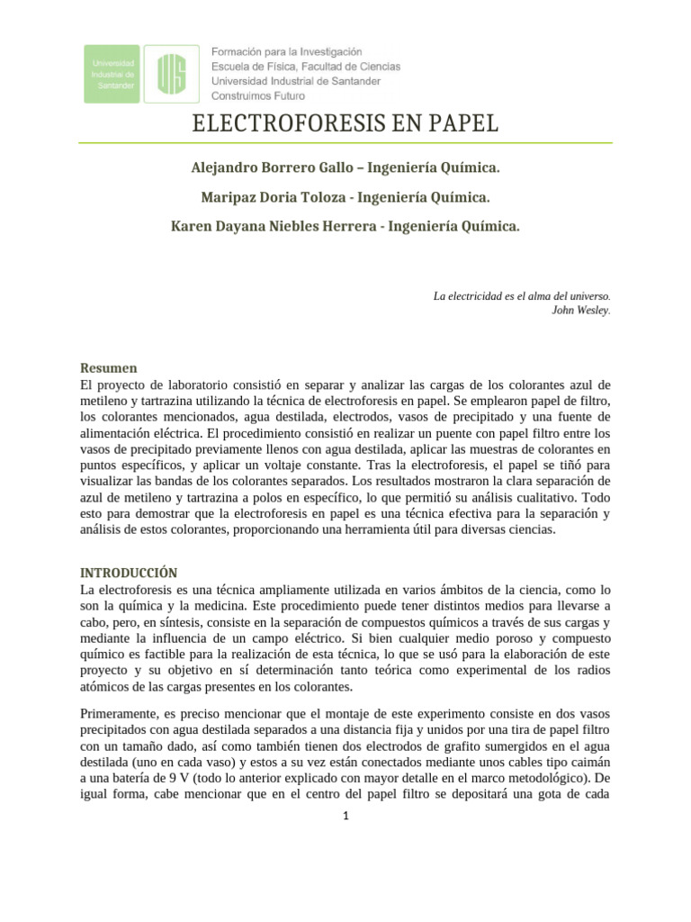 Informe Final, Electroforesis en Papel Filtro | PDF | Electroforesis | Experimentar
