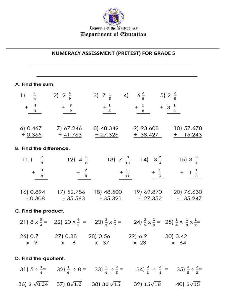 Grade 5-Numeracy-Pretest | PDF