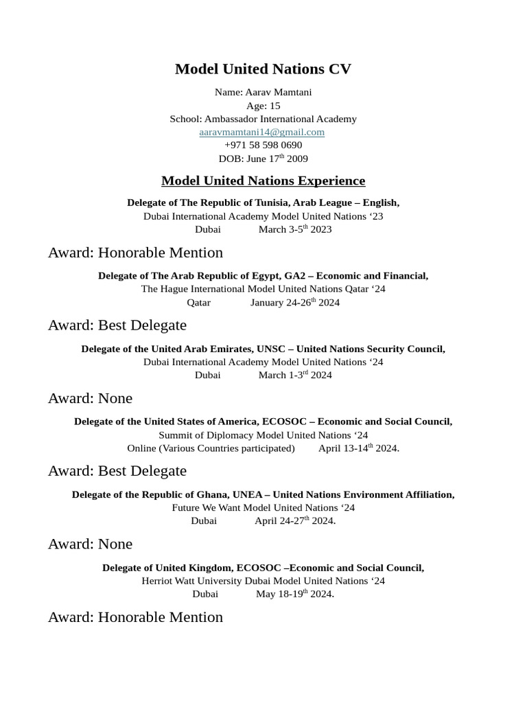 Aarav Mamtani's Model UN CV | PDF | United Nations | International ...