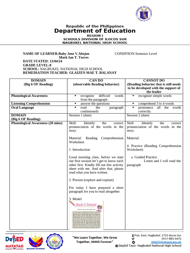Reading Remediation Plan for Grade 8 | PDF | Reading Comprehension ...