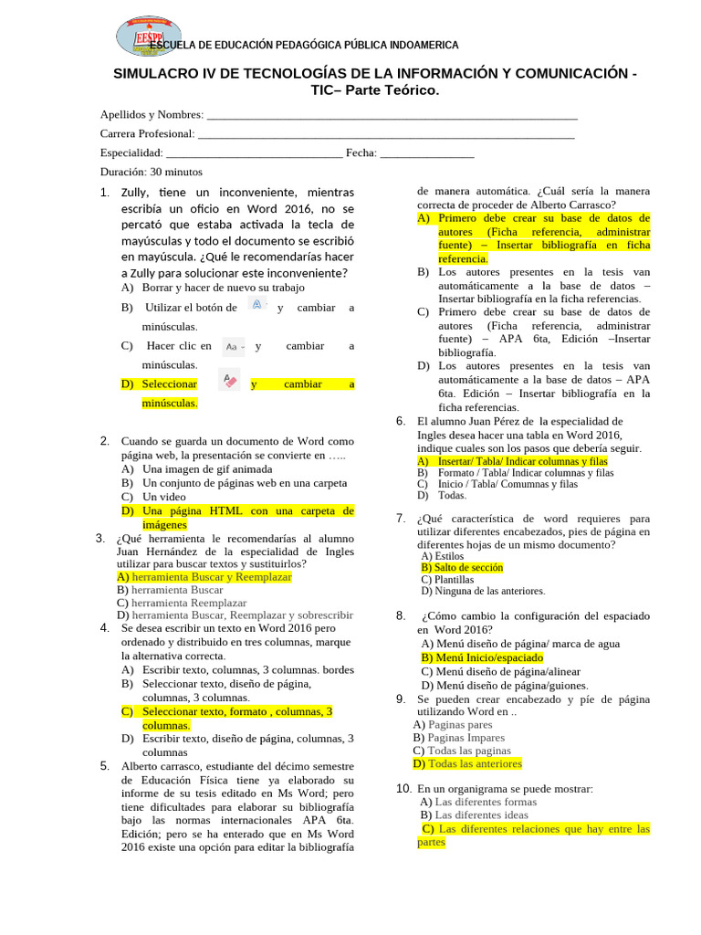 IV SIMULACRO TIC | PDF | Bibliografía | Microsoft Excel