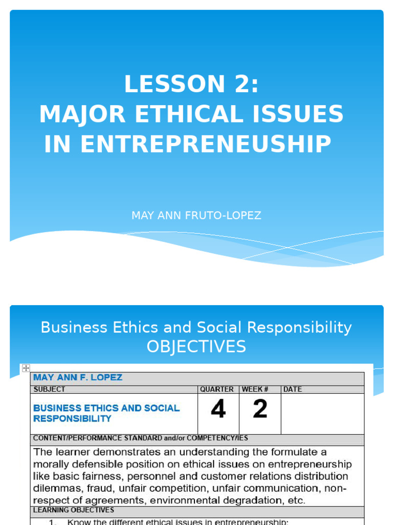 Lesson 2 Besr q4w2 Major Ethical Issues in Entrepreneuship | PDF | Economies