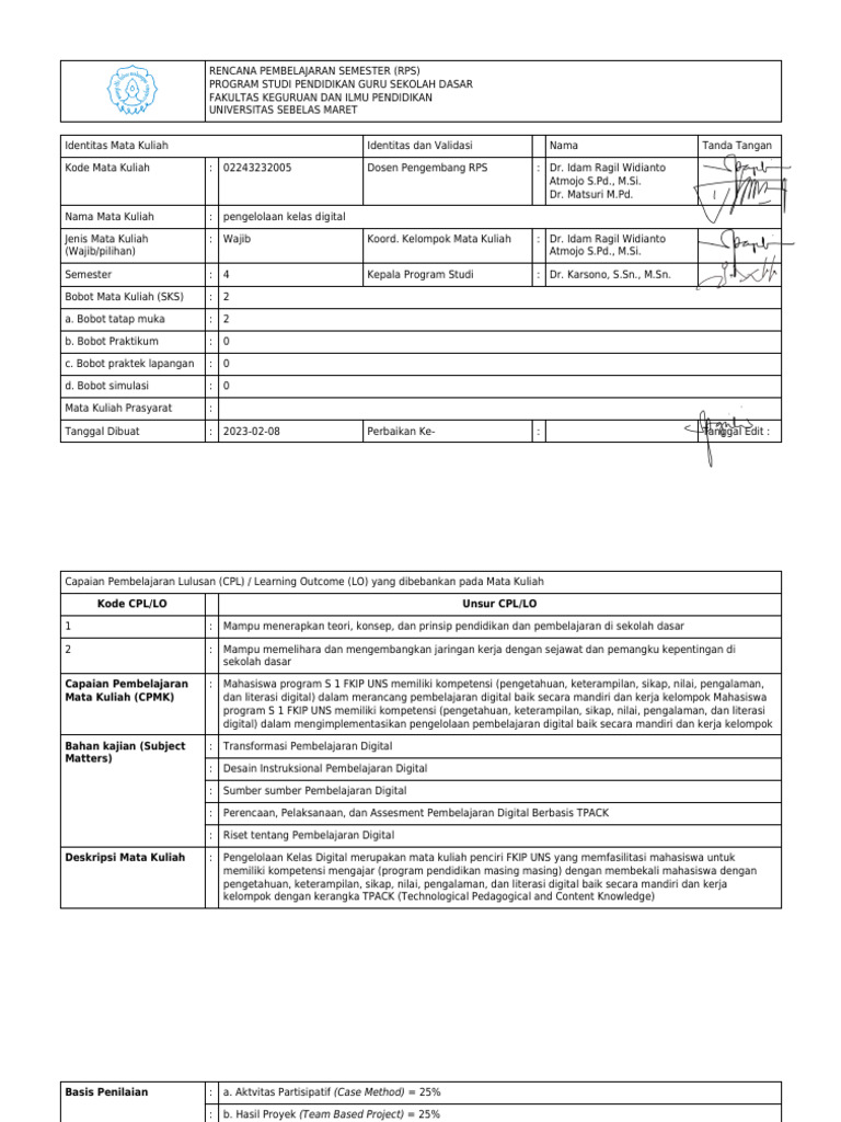 RPS - Pengelolaan Kelas Digital | PDF