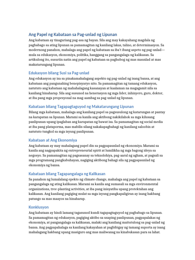 Papel NG Kabataan Sa Pag-Unlad NG Lipunan 1000 | PDF