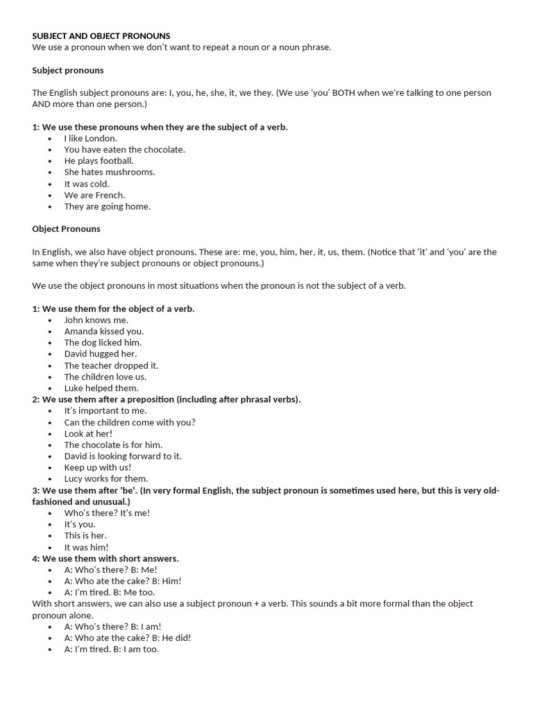 Subject and Object Pronouns Guide | PDF | Pronoun | Object (Grammar)