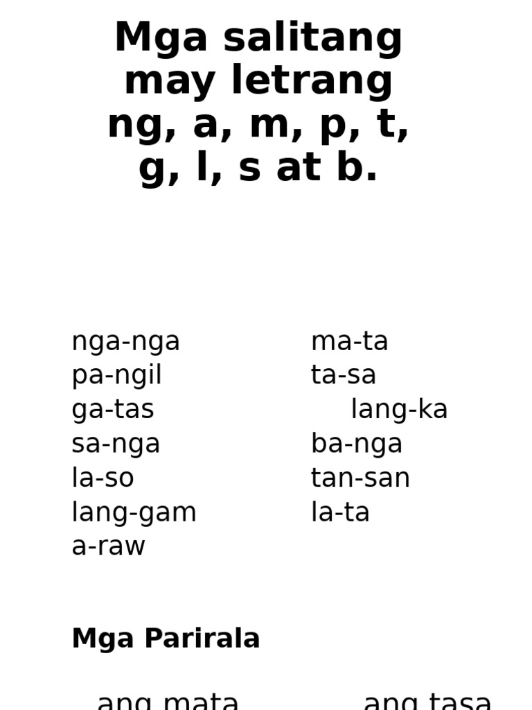 Mga Salitang May Letrang NG, A, M, P, T, G, L, S at B | PDF