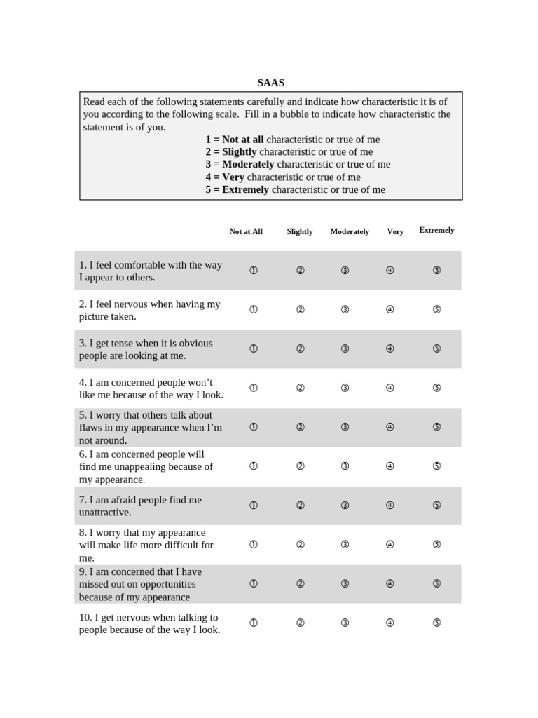 Social Appearance Anxiety Assessment | PDF | Psychology | Behavioural ...