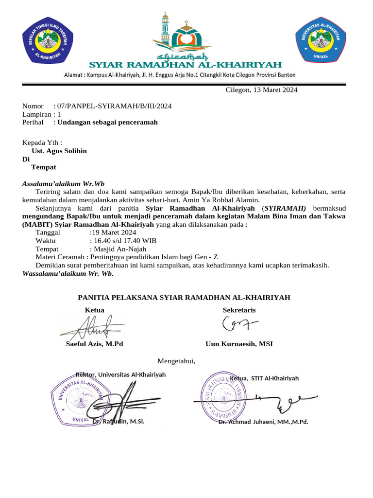 Undangan Penceramah Ust. Agus Solihin | PDF