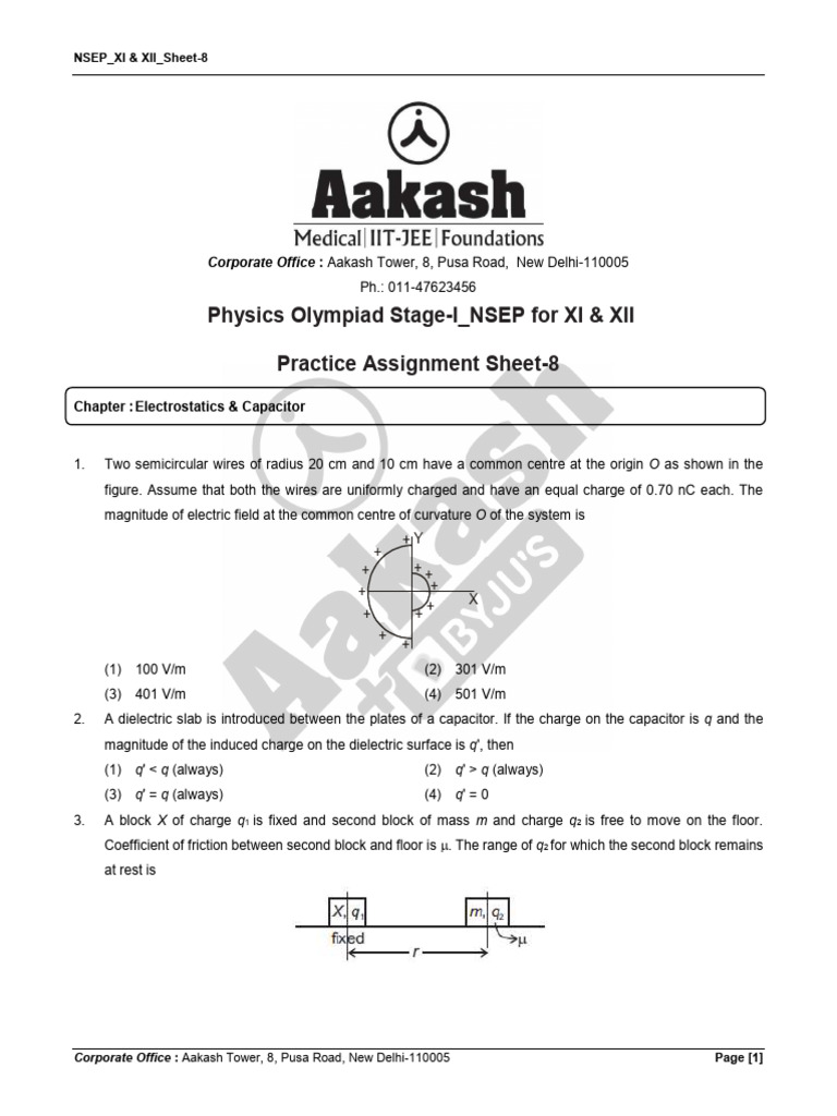NSEP - XI & XII - Sheet-8 - (Que. & Answer Key) | PDF | Capacitor | Physical Phenomena