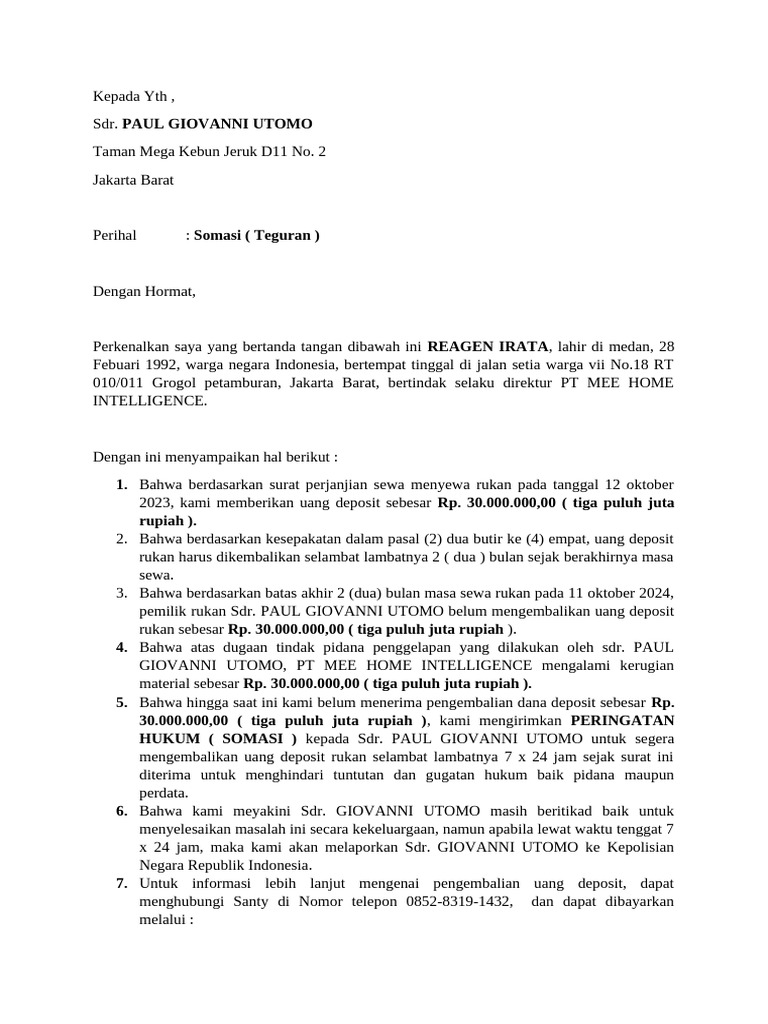 Somasi Pengembalian Deposit Rukan | PDF