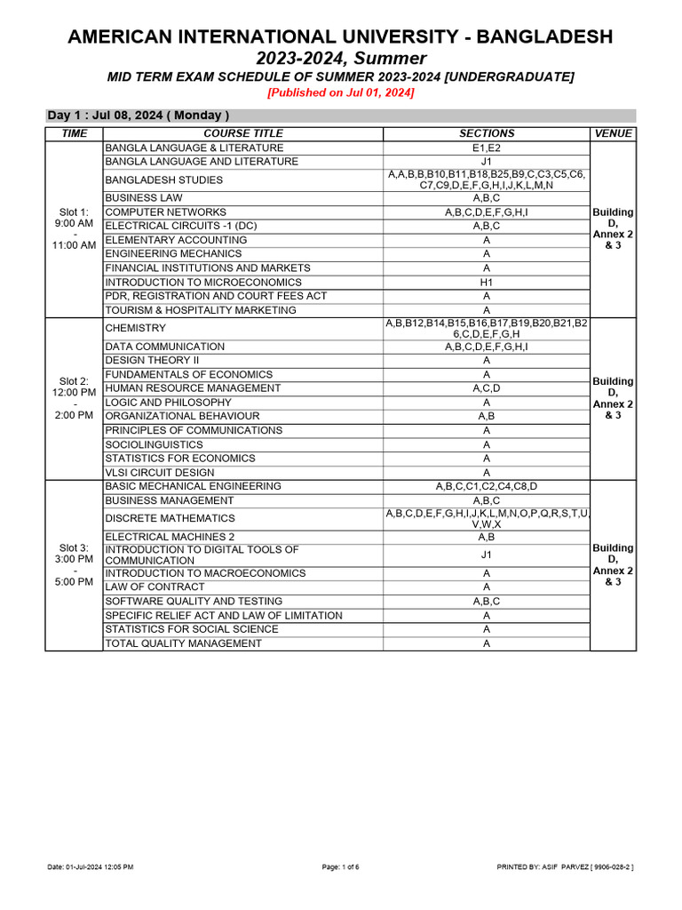 Revised Mid Term Exam Schedule of Summer 2023 2024 (Undergraduate) - (Jul.01) | PDF | Electronics