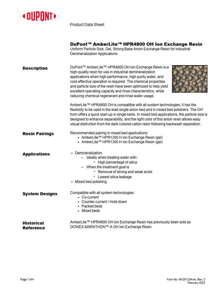 IER AmberLite HPR4800 OH PDS 45 D01234 en | PDF | Ion Exchange | Ion