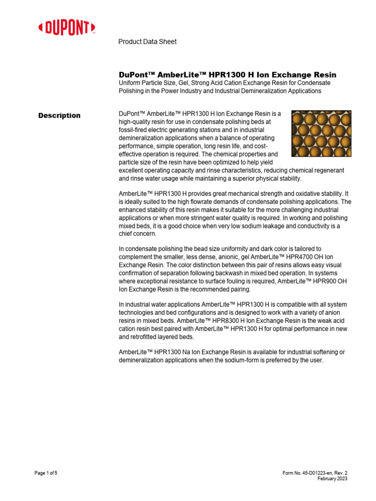 Ier Amberlite Hpr1300 H Pds 45 d01223 en | PDF | Ion Exchange | Ion