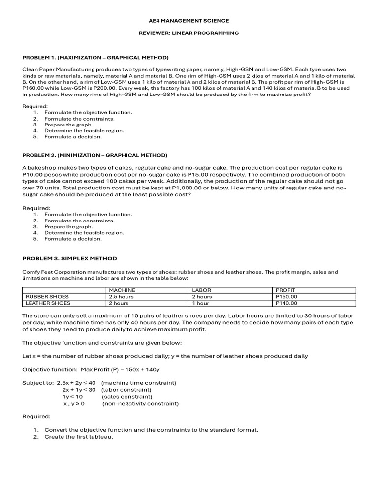AE4 Reviewer LP - Graphical and Simplex Method | PDF | Linear Programming | Mathematical Analysis