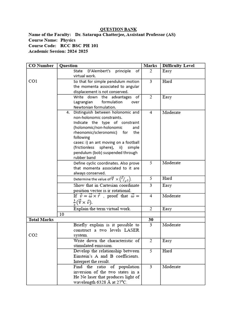 Physics Question Bank for RCC-BSC-PH-101 | PDF | Electromagnetic ...